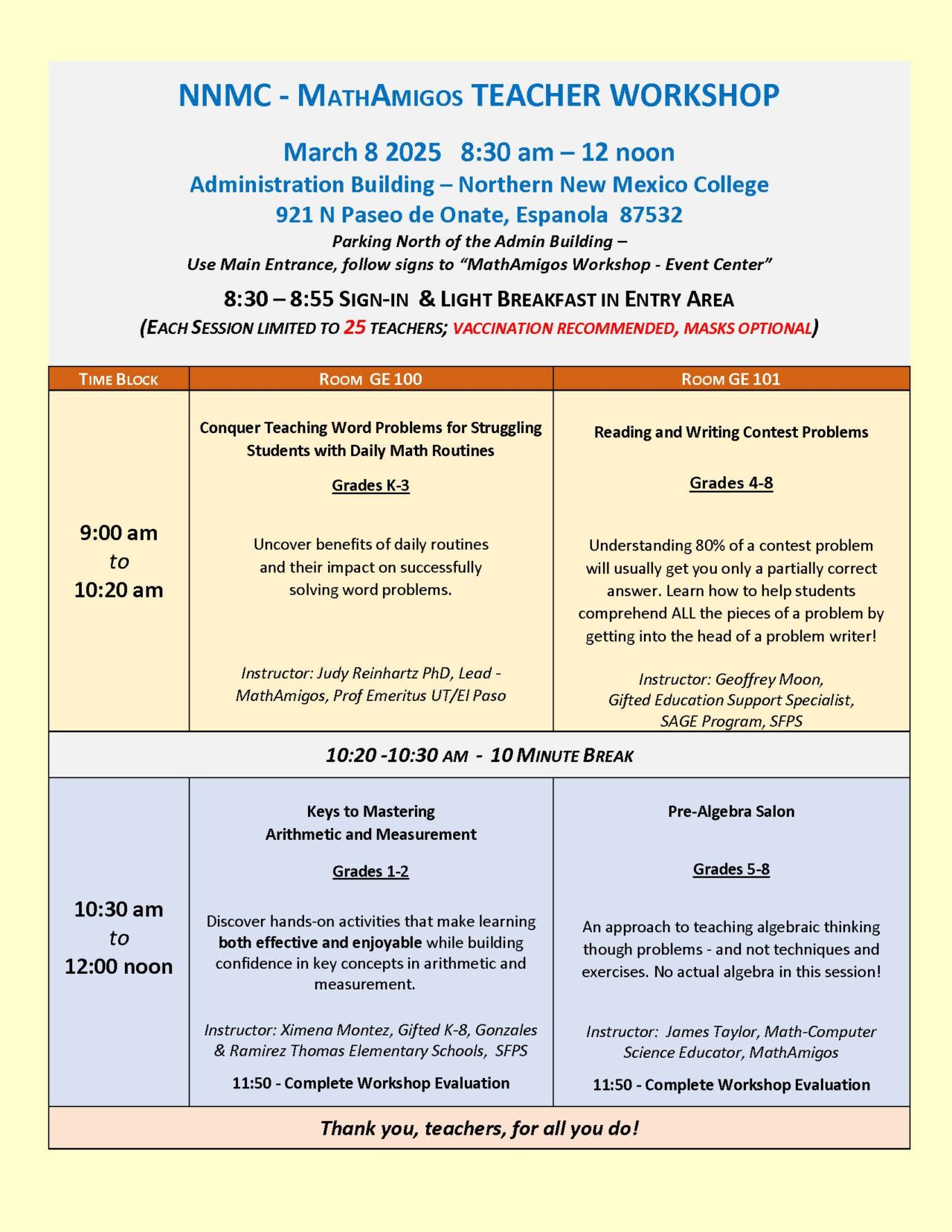 Teacher Workshop Info March 8, 2025 - MathAmigos